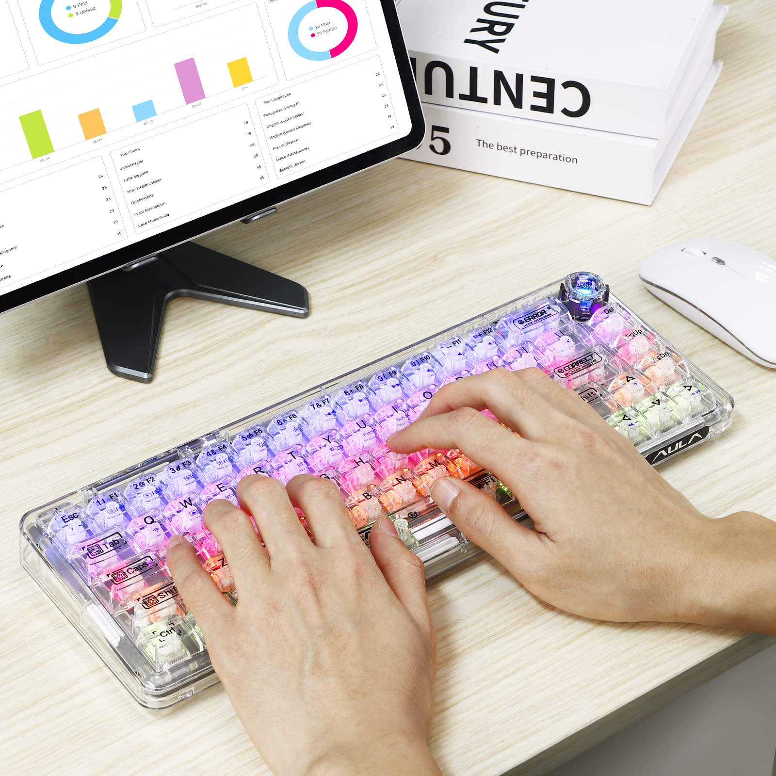 CC MALL 60% Transparent Mechanical Keyboard with Clear Keycaps,Gasket Hot Swappable Custom Wireless Keyboard,RGB Backlit Gaming Keyboard,2.4G/Type-C/Bluetooth Mechanical Keyboard(White)