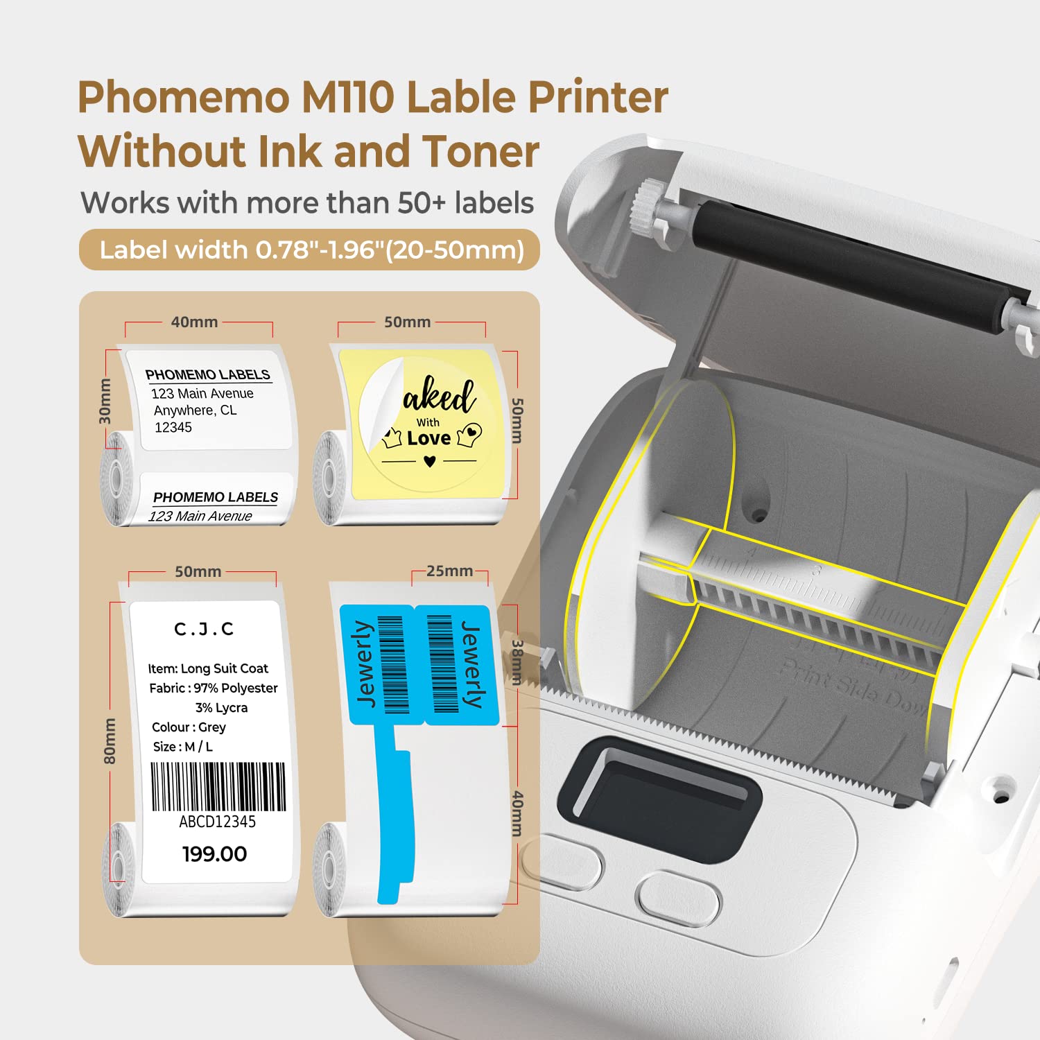 Phomemo M110 Label Makers - Portable Bluetooth Thermal Label Maker Machine,Label Printer for Barcode, Clothing, Jewelry, Retail, Mailing, for Android & iOS, with 1Pack 40×30mm Label, White