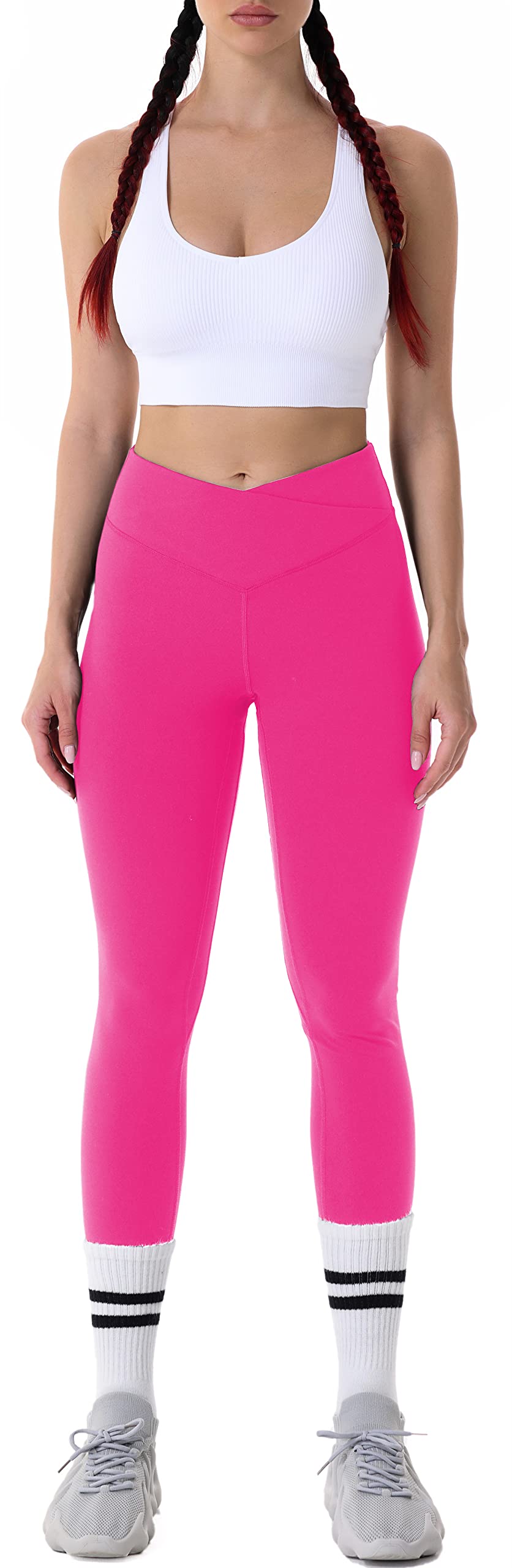 Sunzel Workout Leggings for Women, Squat Proof High Waisted Yoga Pants 4 Way Stretch, Buttery Soft V Cross Waist - 28" Hot Pink Medium