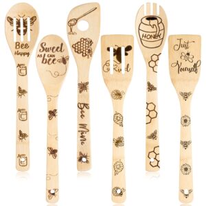 haooryx 6pcs bee sunflower bamboo spoons utensils set bee themed non-stick carve cooking spoons burned bamboo cookware kitchen gadget kit christmas housewarming gift kitchen decor supplies