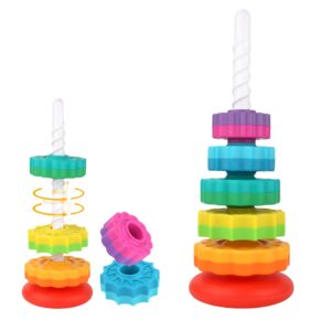 spinning stacking toys, rainbow tower stacker interesting rainbow spinning wheel toy bpa free early education kids brain development toys family games for 12 months +, develop cognition ability