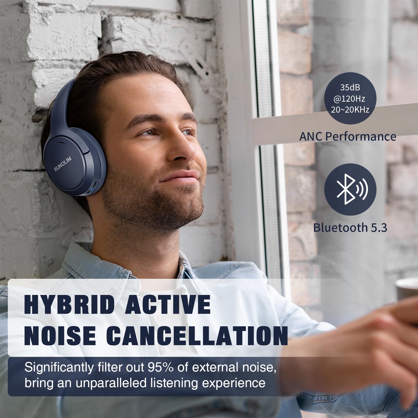 RUNOLIM Hybrid Active Noise Cancelling Headphones, 65H Playtime, Built-in Microphone, Bluetooth Wireless Over Ear Foldable Headphones with HiFi Audio, Home Travel Office