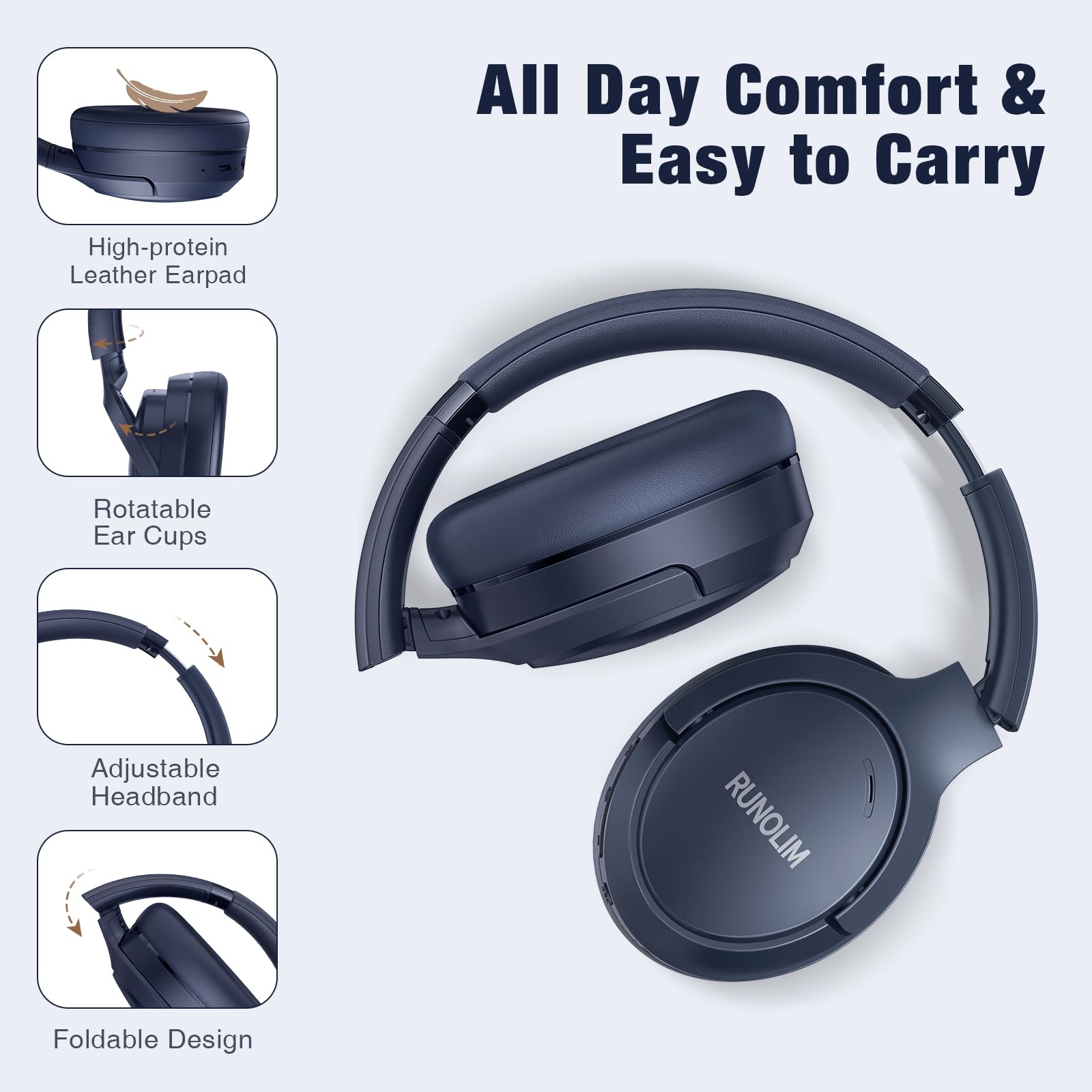 RUNOLIM Hybrid Active Noise Cancelling Headphones, 65H Playtime, Built-in Microphone, Bluetooth Wireless Over Ear Foldable Headphones with HiFi Audio, Home Travel Office