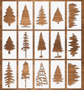 15 pcs trees stencils, pine fir cypress cedar 3"x6", christmas trees forest stencils for painting, reusable tree templates for window wood wall canvas holiday decor