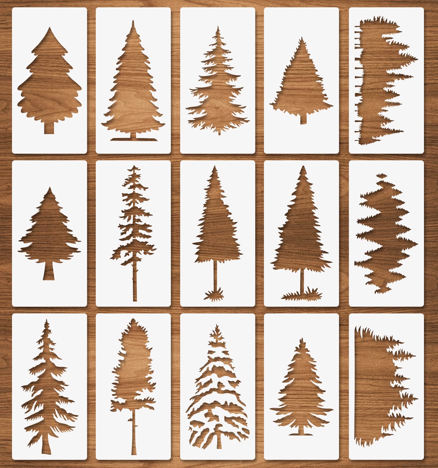 15 Pcs Trees Stencils, Pine Fir Cypress Cedar 3"x6", Christmas Trees Forest Stencils for Painting, Reusable Tree Templates for Window Wood Wall Canvas Holiday Decor