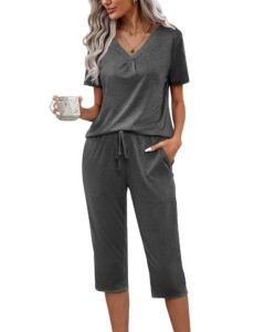 difficort women's pajama sets soft pjs short sleeve lounge sets capri sleepwear with pockets,2-dark grey,medium