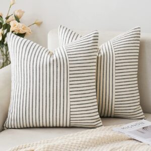 miulee grey and beige patchwork farmhouse pillow covers 18x18 inch, pack of 2 striped linen decorative modern accent pillow cases for sofa couch bedroom