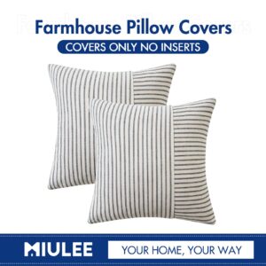 MIULEE Grey and Beige Patchwork Farmhouse Pillow Covers 18x18 Inch, Pack of 2 Striped Linen Decorative Modern Accent Pillow Cases for Sofa Couch Bedroom