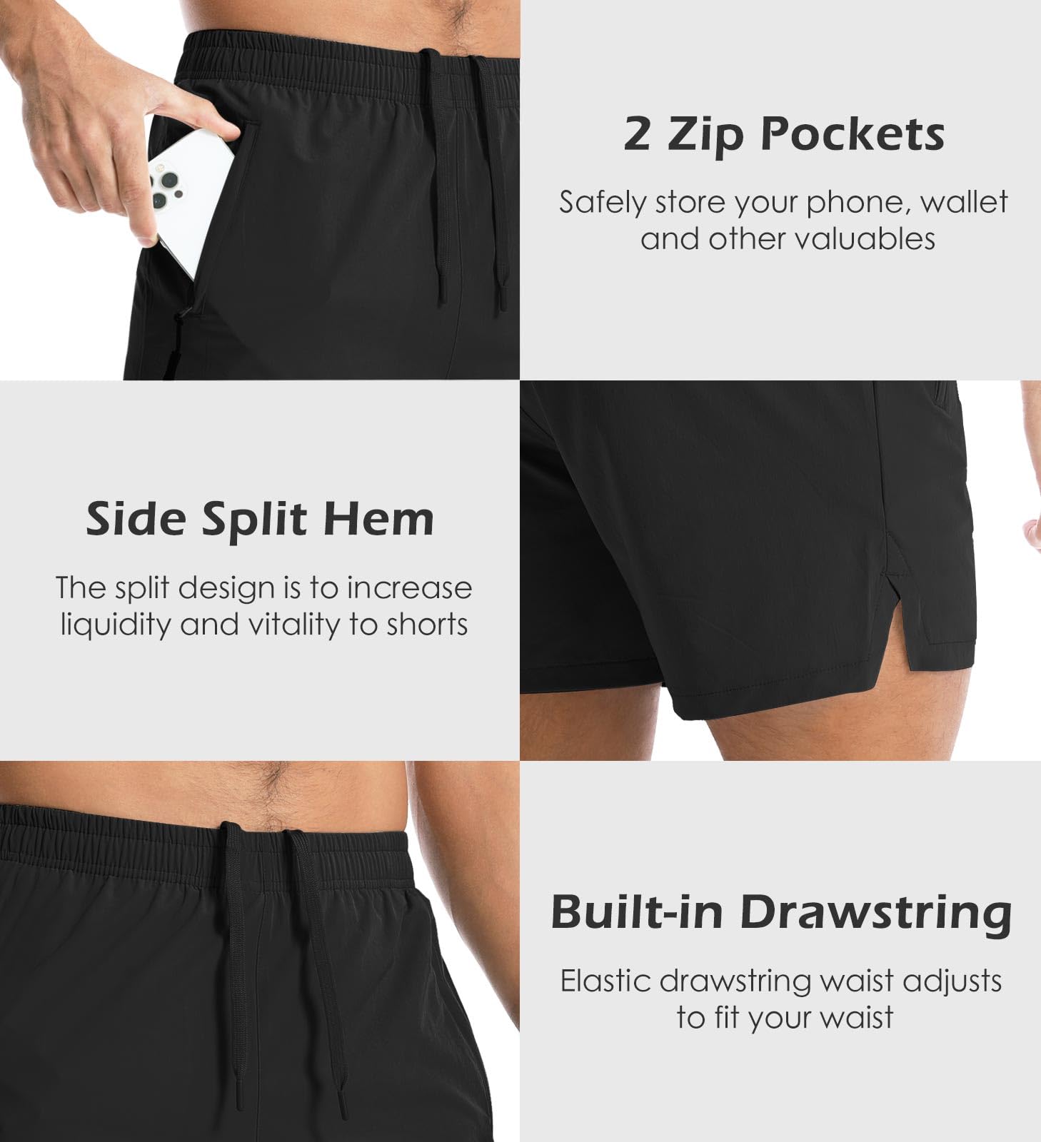 Aolesy Men's Gym Shorts 5 Inch Quick Dry Workout Running Shorts with Zipper Pockets Lightweight Sports Athletic Shorts for Men Black