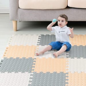 tamiplay foam floor mats for kids, 12 x 12 inch 16 tiles 0.4" thickness foam play mat, non-toxic square interlocking floor mats rubber baby play mat for toddlers(white/beige/gray)