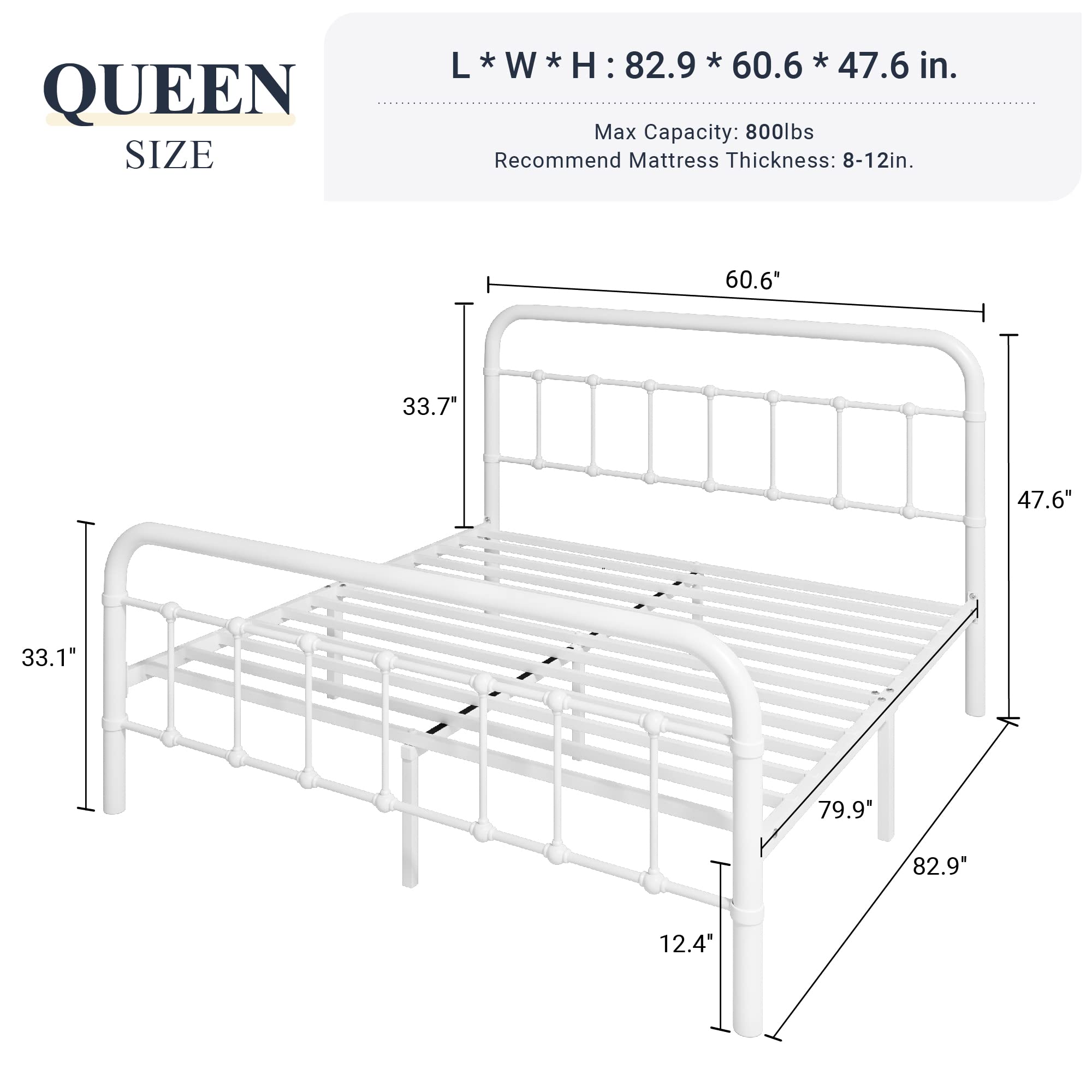 Allewie Queen Size Metal Platform Bed Frame with Victorian Style Wrought Iron-Art Headboard/Footboard, No Box Spring Required, White