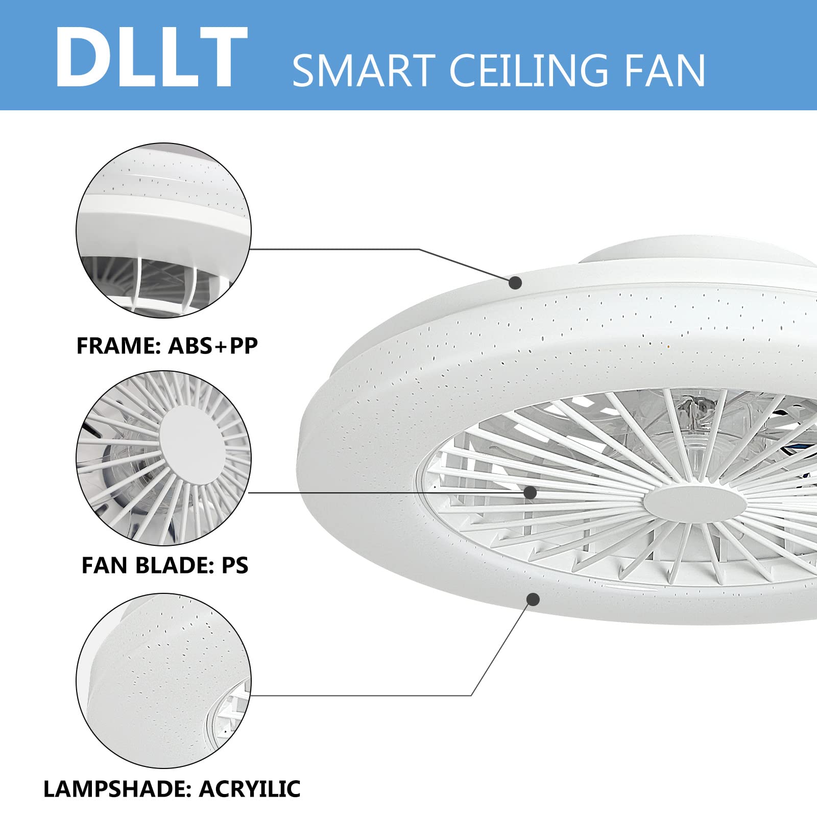 DLLT Low Profile Ceiling Fan with Light Smart Bladeless Ceiling Fans with RGB Lights Changing LED 3 Wind Speeds Festival Ambient Flush Mount Fan Light for Bedroom Livingroom Children's Room