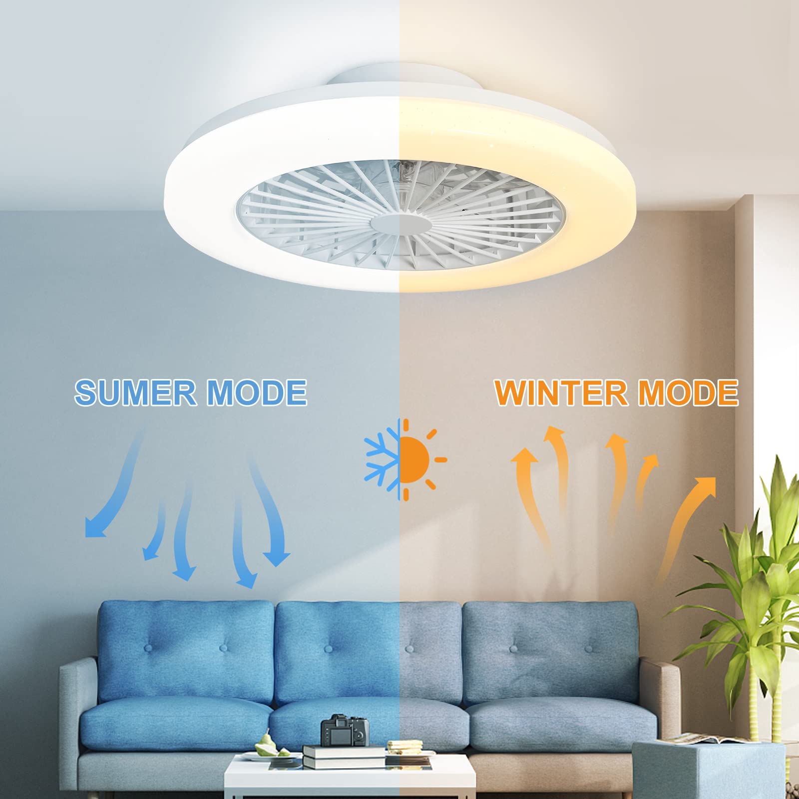 DLLT Low Profile Ceiling Fan with Light Smart Bladeless Ceiling Fans with RGB Lights Changing LED 3 Wind Speeds Festival Ambient Flush Mount Fan Light for Bedroom Livingroom Children's Room