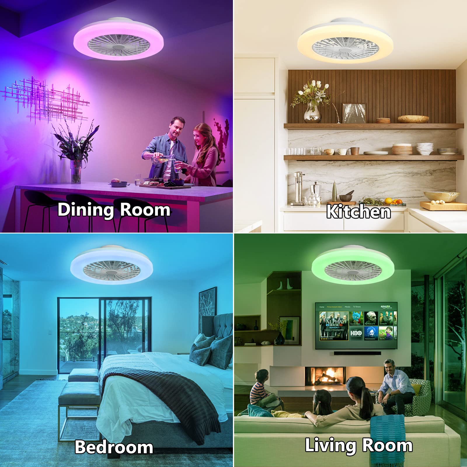 DLLT Low Profile Ceiling Fan with Light Smart Bladeless Ceiling Fans with RGB Lights Changing LED 3 Wind Speeds Festival Ambient Flush Mount Fan Light for Bedroom Livingroom Children's Room