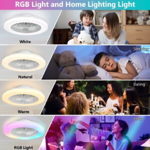 DLLT Low Profile Ceiling Fan with Light Smart Bladeless Ceiling Fans with RGB Lights Changing LED 3 Wind Speeds Festival Ambient Flush Mount Fan Light for Bedroom Livingroom Children's Room