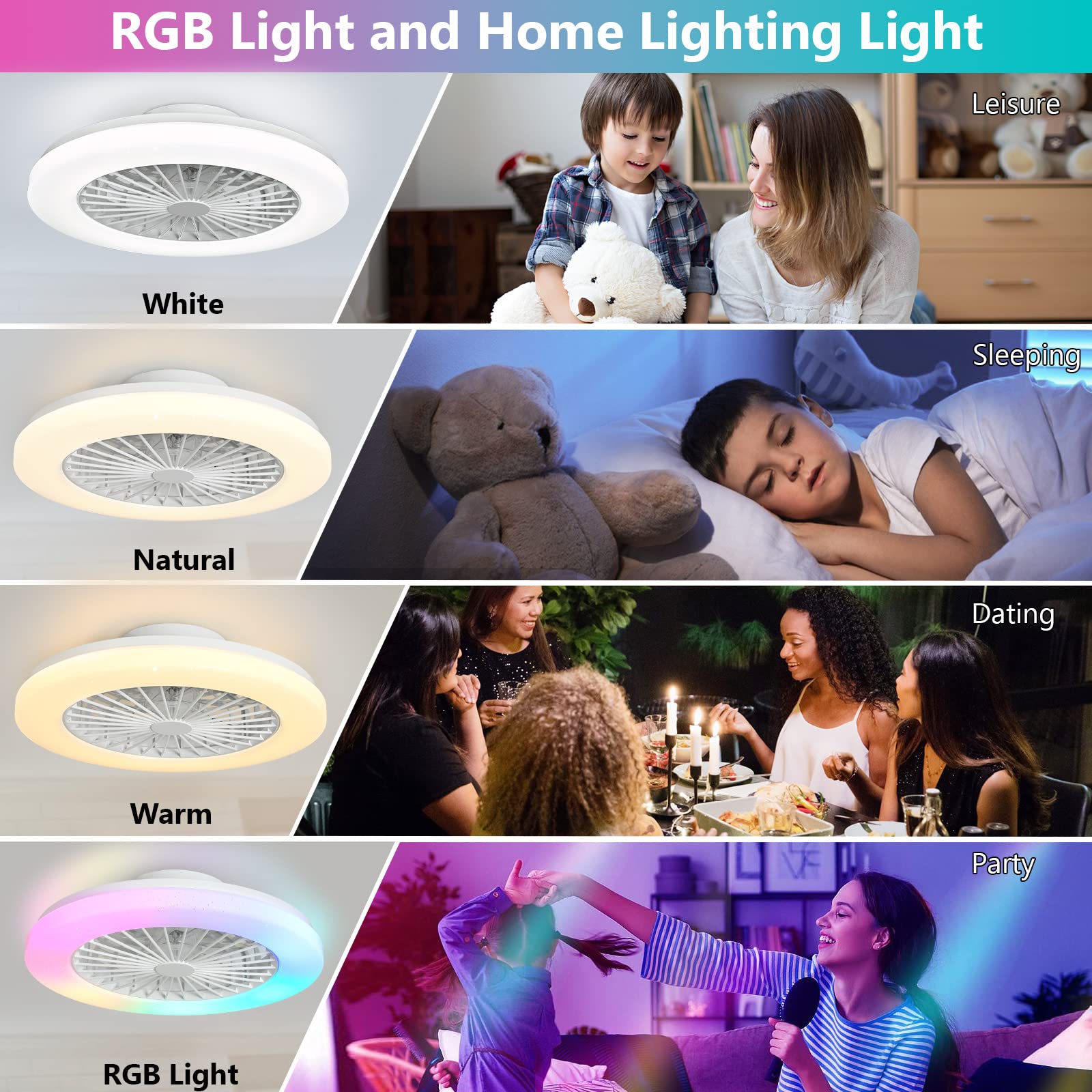 DLLT Low Profile Ceiling Fan with Light Smart Bladeless Ceiling Fans with RGB Lights Changing LED 3 Wind Speeds Festival Ambient Flush Mount Fan Light for Bedroom Livingroom Children's Room