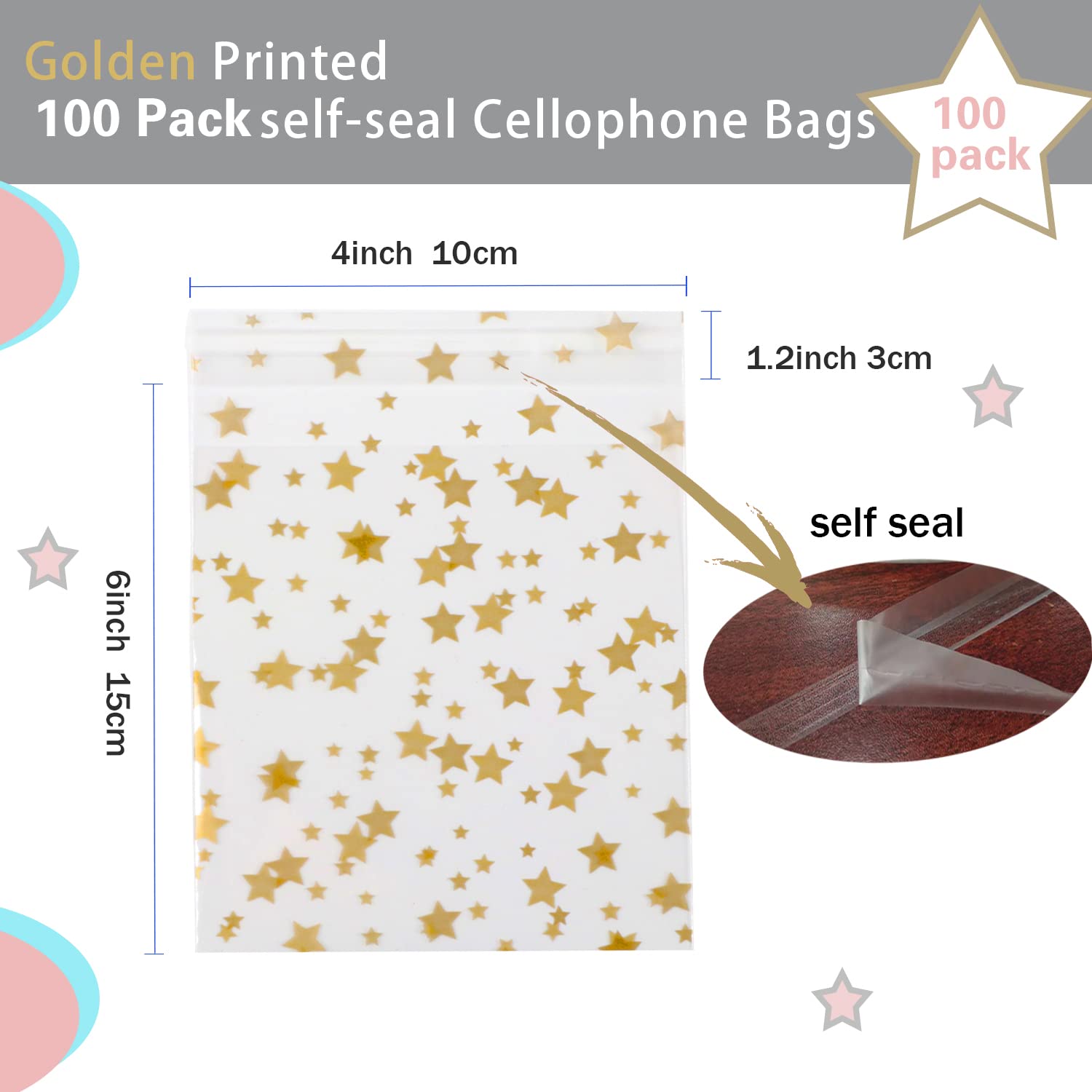 COQOFA 100 Pcs Star Printed Sealable Gift Wrap Cello Cellophane Bags Self sealing Adhensive Treat Bags Party Favor bags (4x6inch, Gold)…