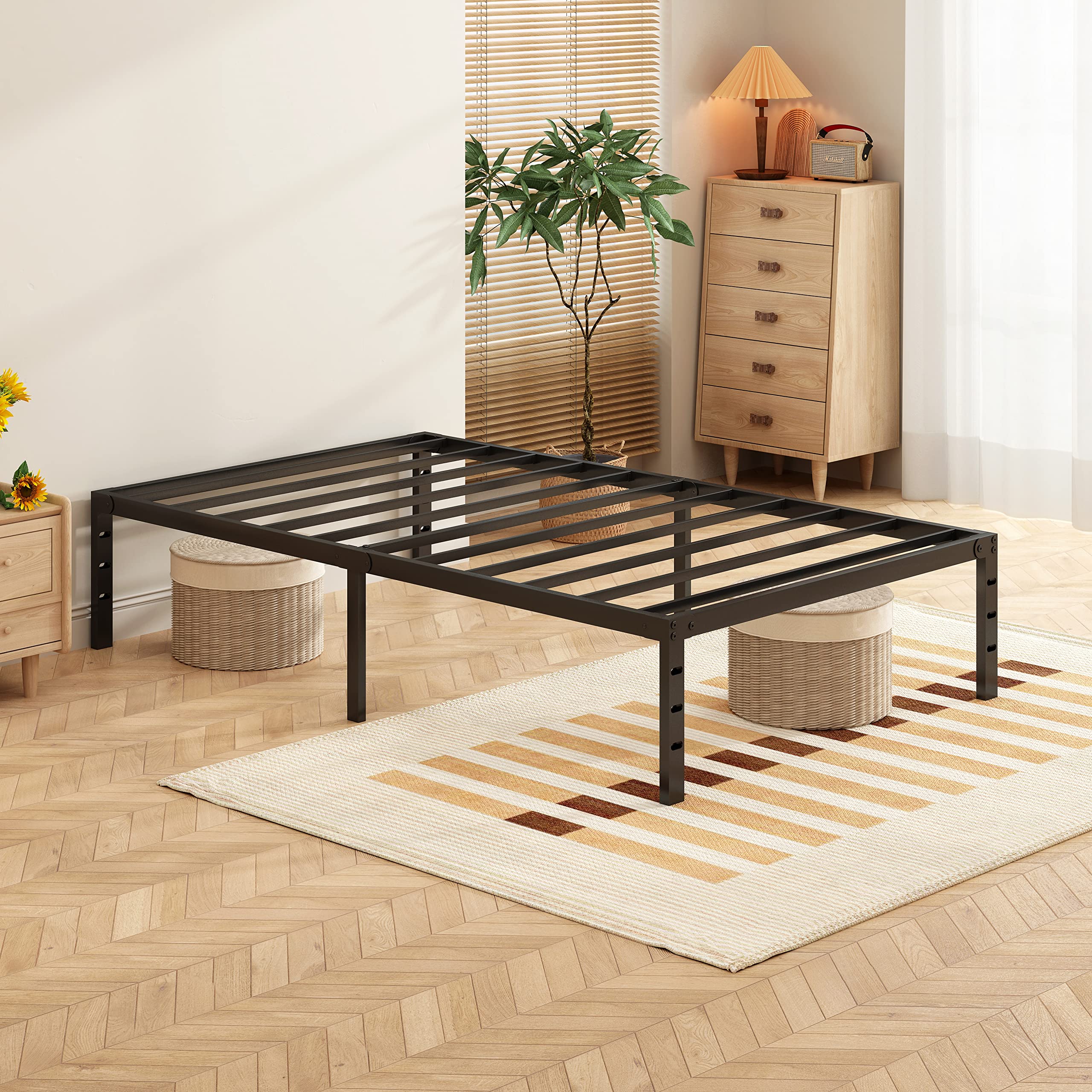 KUJIELAN Black Thickened and Reinforced Metal Bed Frame - Structurally Stable 14 Inch Steel Bar Supported Bed Frame,Easy to Assemble and Transport Bed Frame Under Bed Storage, Twin