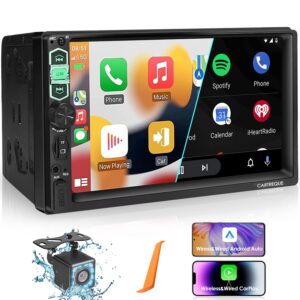 double din car stereo with wireless apple carplay and android auto, 7-inch fhd touchscreen car audio receiver with backup camera, bluetooth, car radio with fm, usb/tf/aux port, mirror link, subwoofer