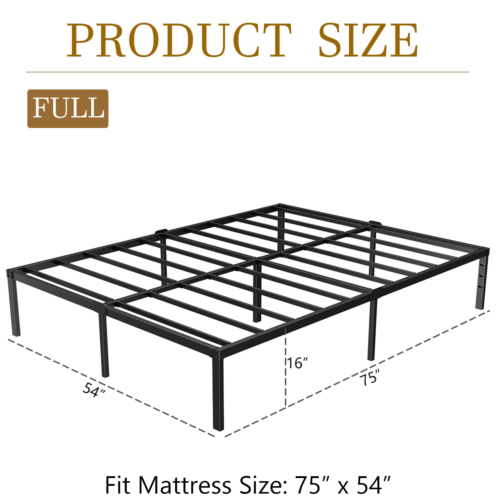 Kilyssa Full Size Bed Frame 16 Inch Black Heavy Duty Metal Platform/Maximum Storage/Mattress Foundation/Steel Slats Support/Noise Free/No Box Spring Needed