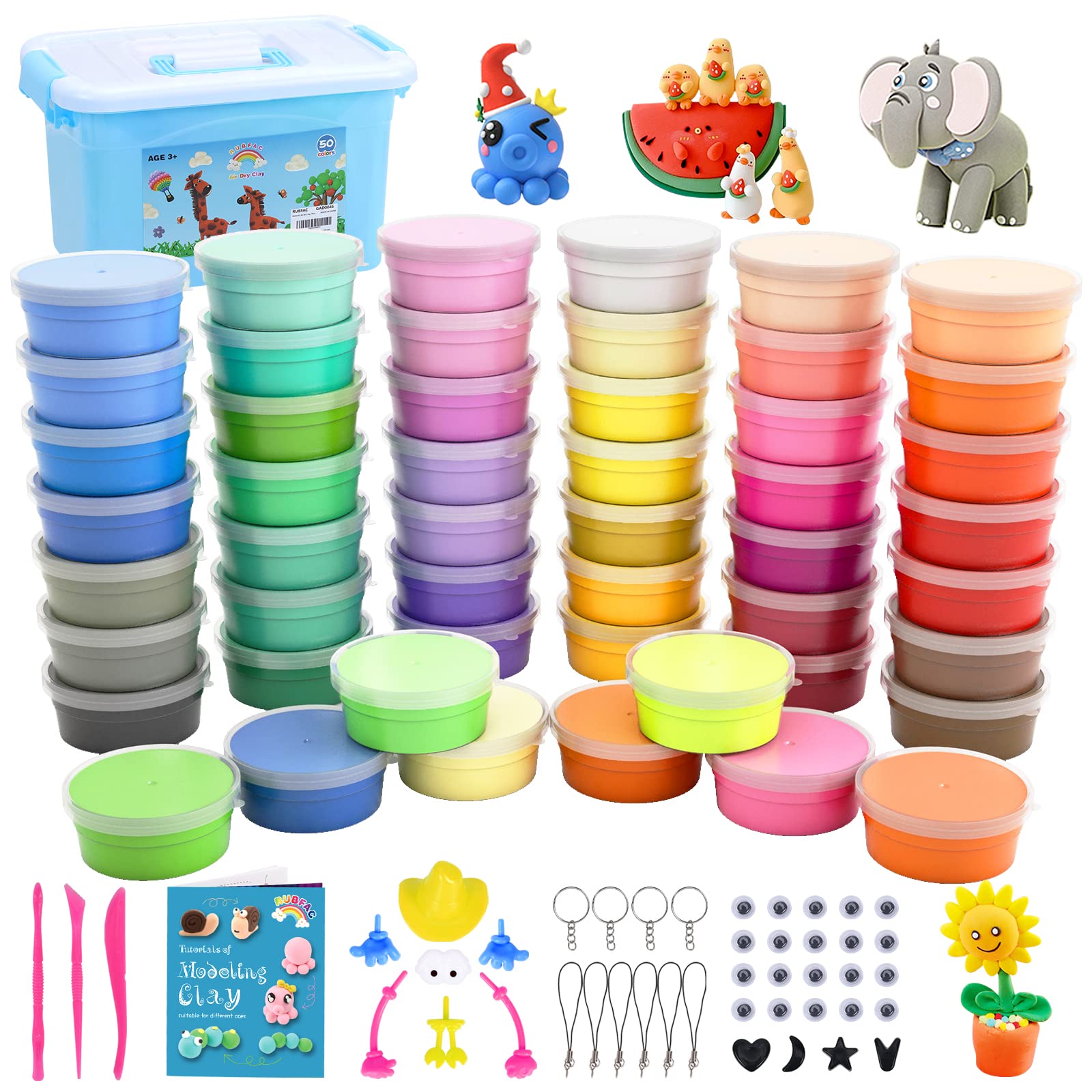 rubfac Air Dry Clay for Kids, 50 Colors DIY Modeling Clay Kit with Accessories in Container Box Magic Clay for Arts Crafts DIY Gift