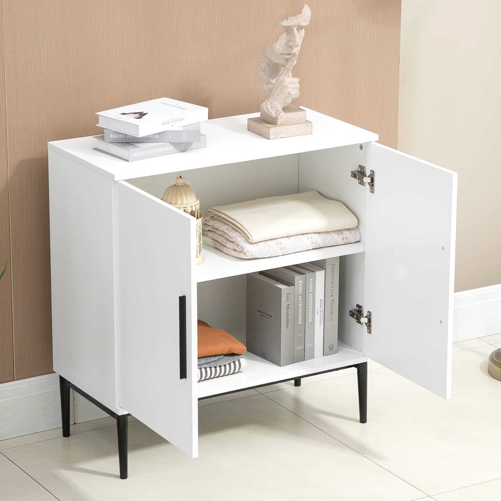 KFO Storage Cabinet with Doors, White Accent Cabinet, Modern Free Standing Cabinet, Sideboard with Metal Base for Bedroom, Living Room, Kitchen and Office