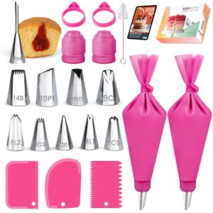 rfaqk 30pcs piping bags and tips set with ebook - frosting piping kit with 10 piping tips,10 pastry bags, 2 reusable bags, 3 icing scrapers, 2 couplers & 2 ties for cookies cake decorations (pink)