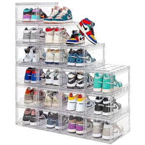 12 pack acrylic clear shoe boxes– ultra clear plastic stackable sneaker storage for sneakerhead. professional grade shoe display case with magnetic door .boots and hat organizer.fits us size 15