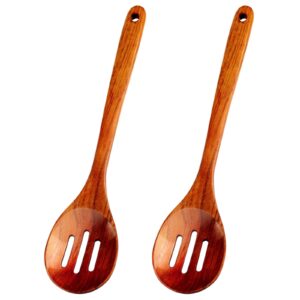 lorisarm 2pc slotted cooking spoon set, 12" solid wood serving spoons for mixing stirring, nonstick kitchen utensils.