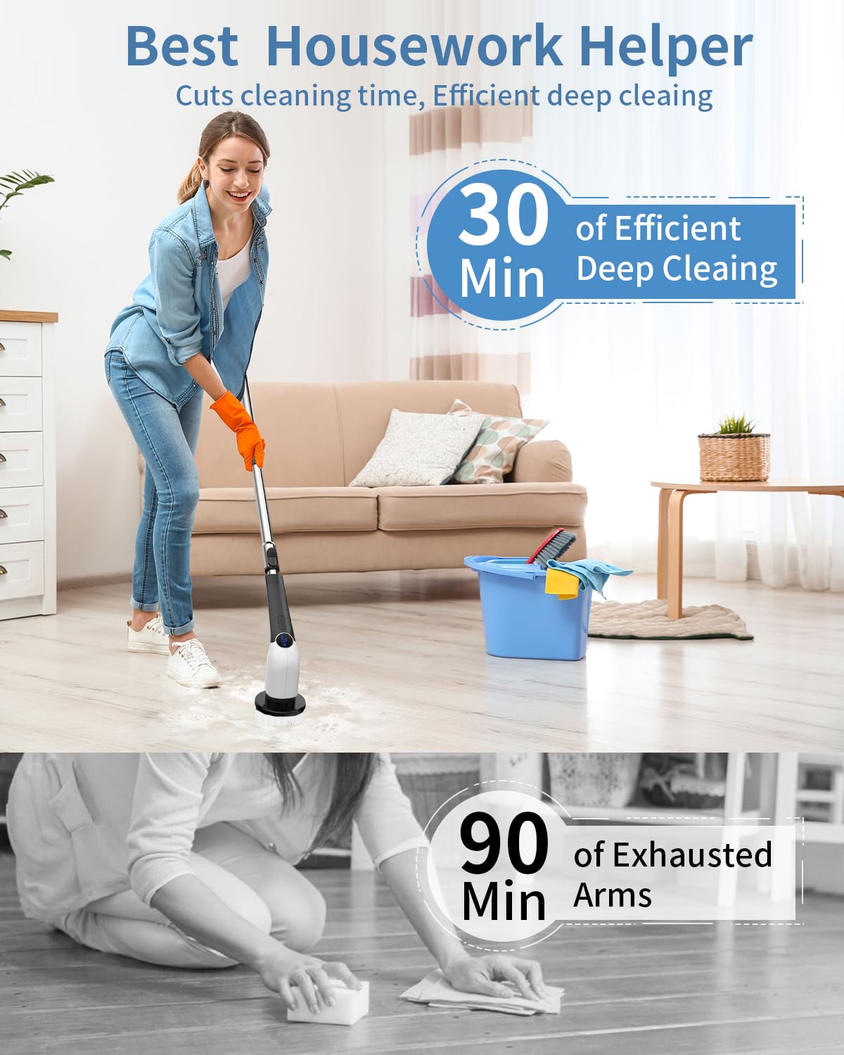 Electric Spin Scrubber, Cordless Shower Cleaning Brush with 8 Replaceable Brush Heads, 3 Adjustable Speeds, Detachable & Extendable Long Handle Scrubber for Bathroom Floor Tile, Voice Broadcast