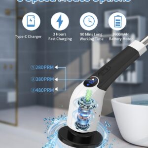 Electric Spin Scrubber, Cordless Shower Cleaning Brush with 8 Replaceable Brush Heads, 3 Adjustable Speeds, Detachable & Extendable Long Handle Scrubber for Bathroom Floor Tile, Voice Broadcast