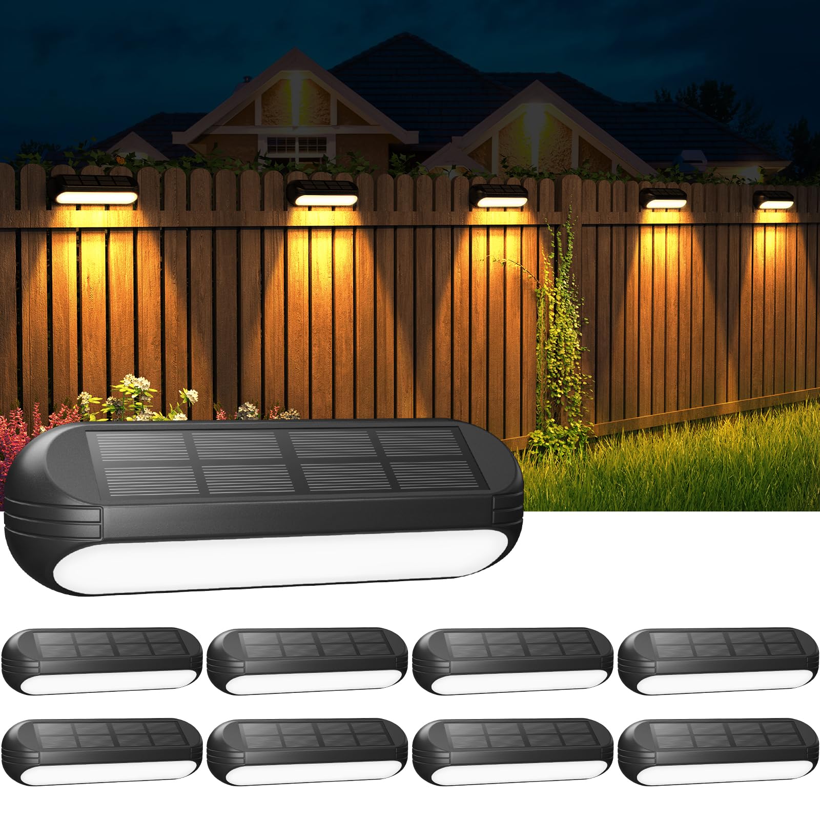 WdtPro Solar Fence Lights Outdoor Waterproof, 8 Pack Bright Solar Deck Lights with Warm White & RGB Modes, LED Solar Step Lights Outdoor for Stairs, Steps, Deck, Fence, Pool, Patio