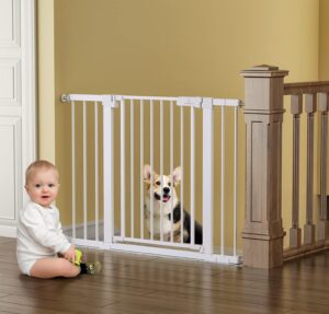 babybond 27-43" easy install baby gate for stairs, extra wide baby gates for doorway, auto close safety dog gate, with extenders and pressure/hardware mounting kit, white