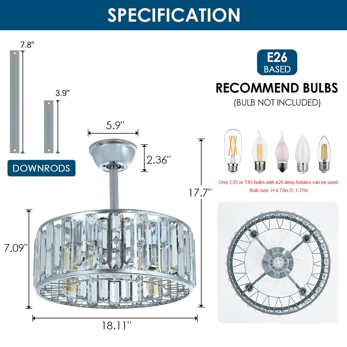 GDLT 18" Silver Crystal Caged Ceiling Fan with Lights and Remote, Modern Crystal Fandelier Chorme Ceiling Fan with Light and Reversible Motor, Chandelier Ceiling Fan for Bedroom, Living Room