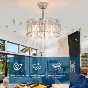 GDLT 18" Silver Crystal Caged Ceiling Fan with Lights and Remote, Modern Crystal Fandelier Chorme Ceiling Fan with Light and Reversible Motor, Chandelier Ceiling Fan for Bedroom, Living Room