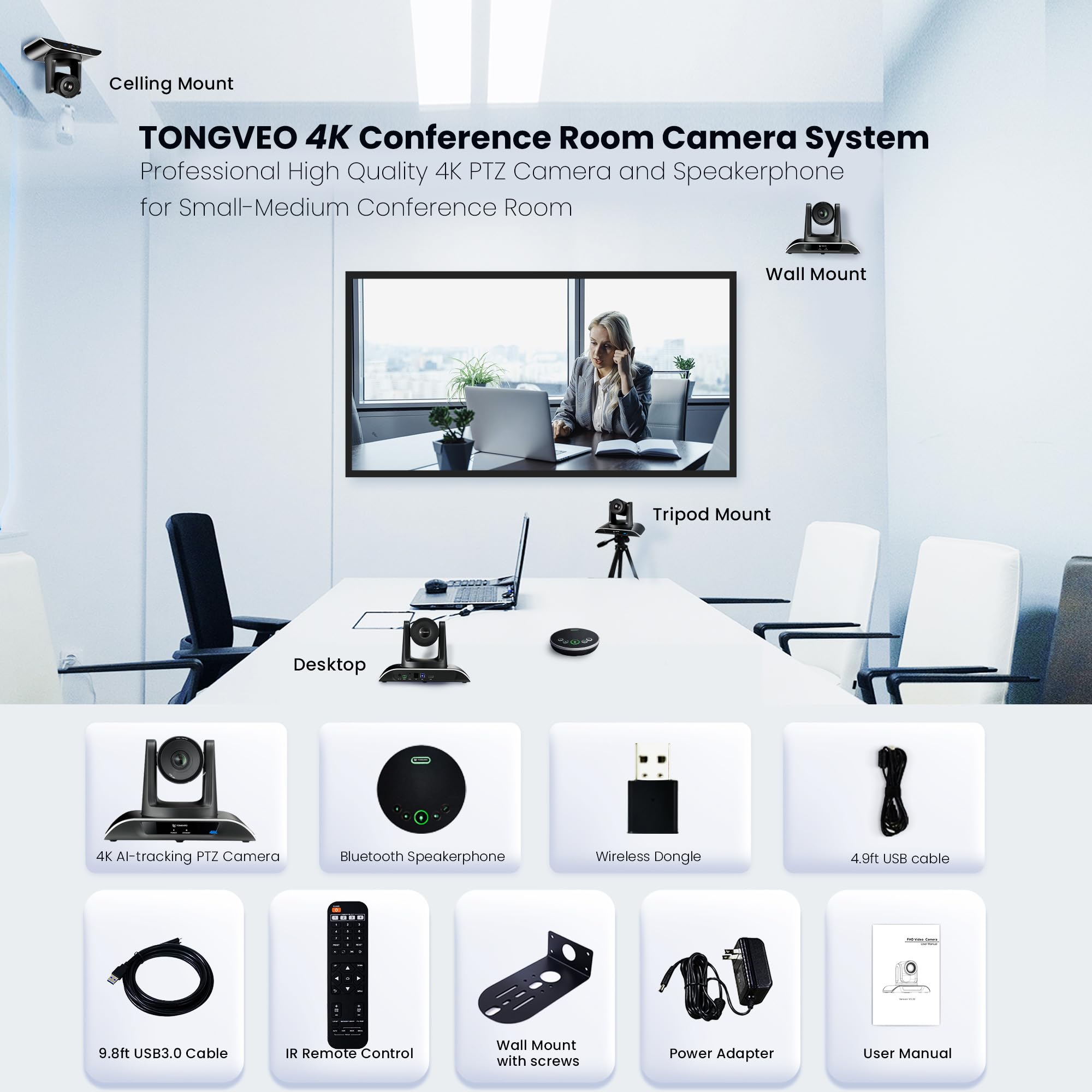 TONGVEO 4K Conference Room Camera System, AI Auto-Tracking PTZ Camera 5X Digital Zoom with Wireless Bluetooth Speakerphone Set USB 124-Degree Wide-Angle for Zoom Skype Teams OBS and more