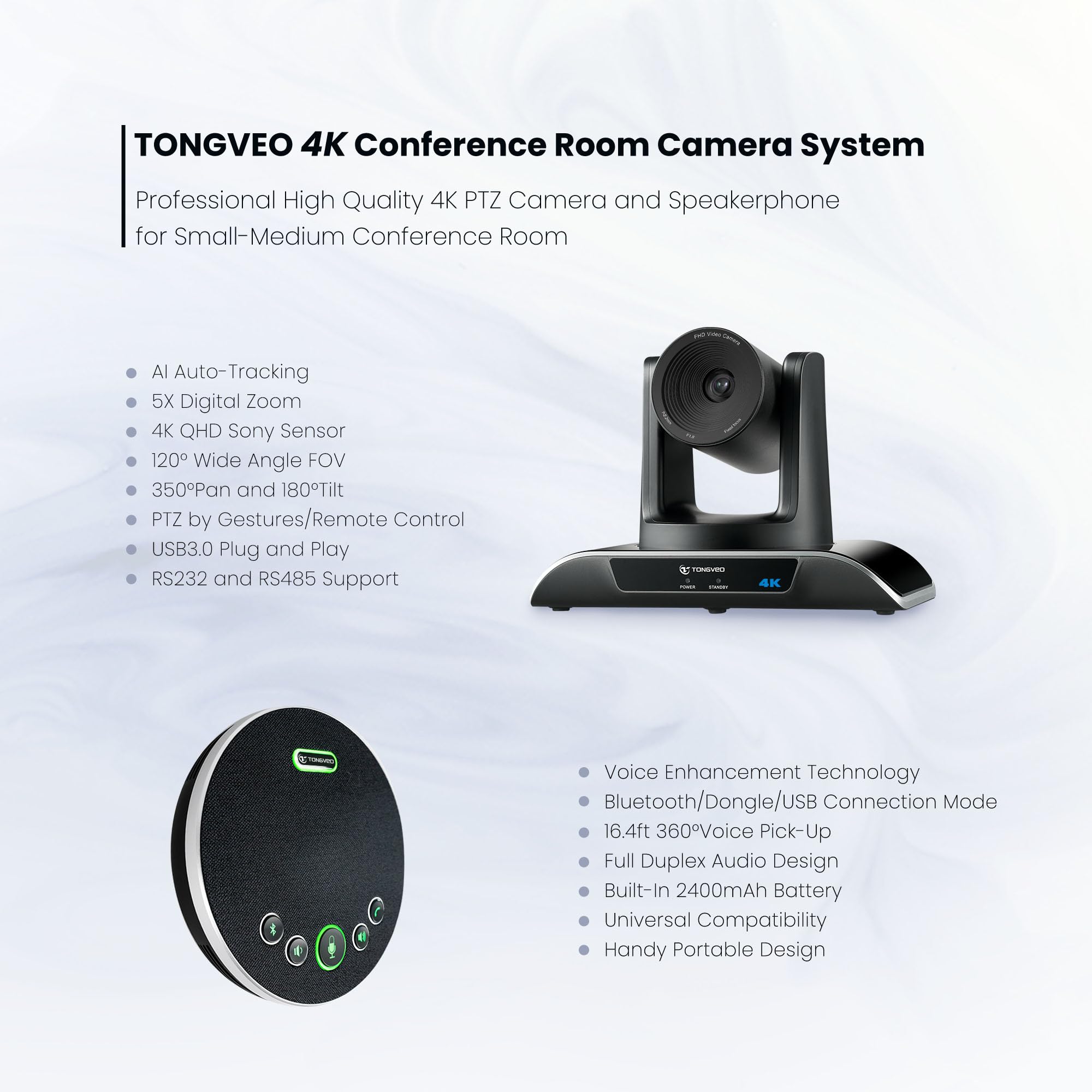 TONGVEO 4K Conference Room Camera System, AI Auto-Tracking PTZ Camera 5X Digital Zoom with Wireless Bluetooth Speakerphone Set USB 124-Degree Wide-Angle for Zoom Skype Teams OBS and more