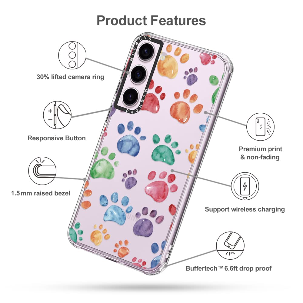 MOSNOVO for Galaxy S23 Case, [Buffertech 6.6 ft Drop Impact] [Anti Peel Off] Clear Shockproof TPU Protective Bumper Phone Cases Cover with Colorful Paw Design for Samsung Galaxy S23