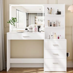 rovaurx makeup vanity with 3-color dimmable lighted mirror, large vanity table with side storage shelf & 4 drawers, bedroom dressing desk, brightness adjustable, white rszt107w