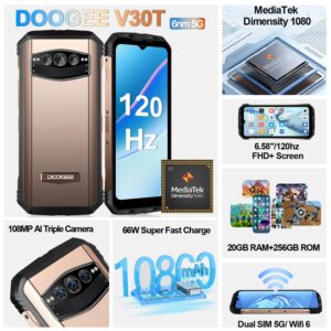 DOOGEE V30T 5G Unlocked Smartphone, 6.58-Inch FHD+ 120Hz Display, 108MP Flagship Camera, 20GB RAM, 256GB Storage, 10800mAh Battery, Rugged Gold