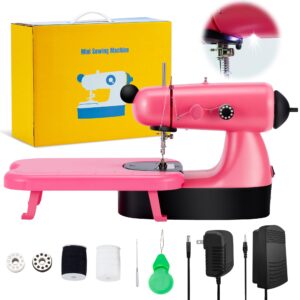 flying banana mini sewing machine for beginners, girls sewing machine ages 8-12 kids, pink sewing machine lightweight small electric maquina de coser with extension table, led light