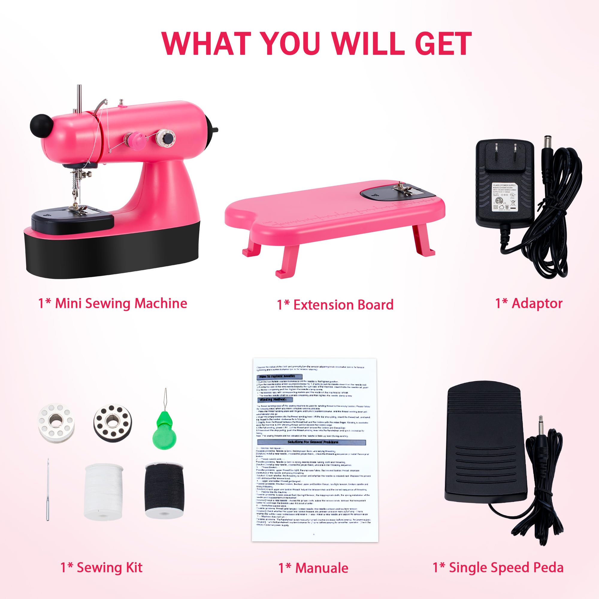 Flying Banana Mini Sewing Machine for Beginners, Girls Sewing Machine Ages 8-12 Kids, Pink Sewing Machine Lightweight Small Electric Maquina De Coser with Extension Table, LED Light