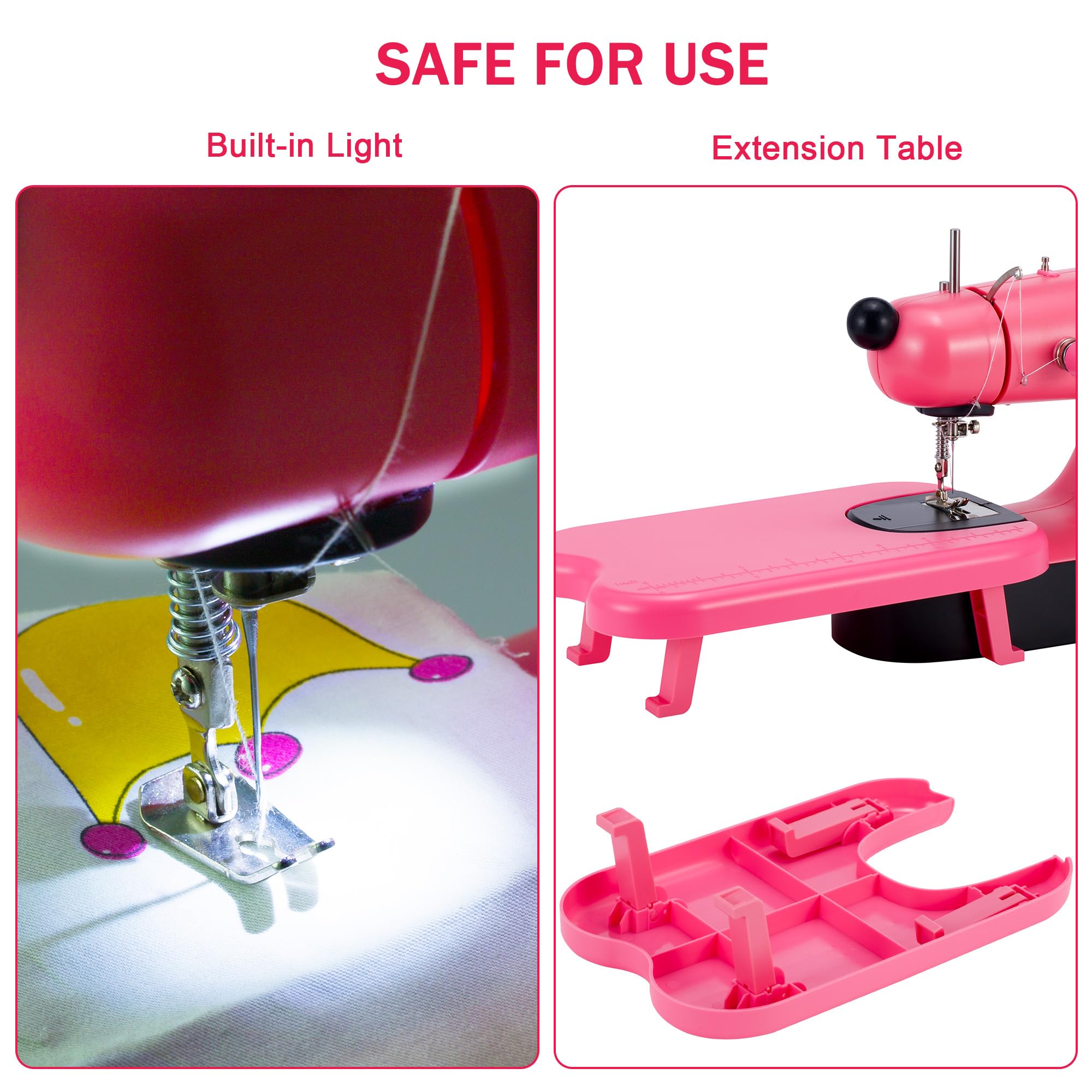 Flying Banana Mini Sewing Machine for Beginners, Girls Sewing Machine Ages 8-12 Kids, Pink Sewing Machine Lightweight Small Electric Maquina De Coser with Extension Table, LED Light