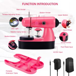 Flying Banana Mini Sewing Machine for Beginners, Girls Sewing Machine Ages 8-12 Kids, Pink Sewing Machine Lightweight Small Electric Maquina De Coser with Extension Table, LED Light