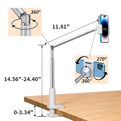 yAyusi Overhead Phone Mount for Recording,Phone Stand for Recording Overhead,Articulating Arm Cell Phone Holder with LED Ring Light,Desk/Bedside Tripod for YouTube Live Stream Cooking Video Recording