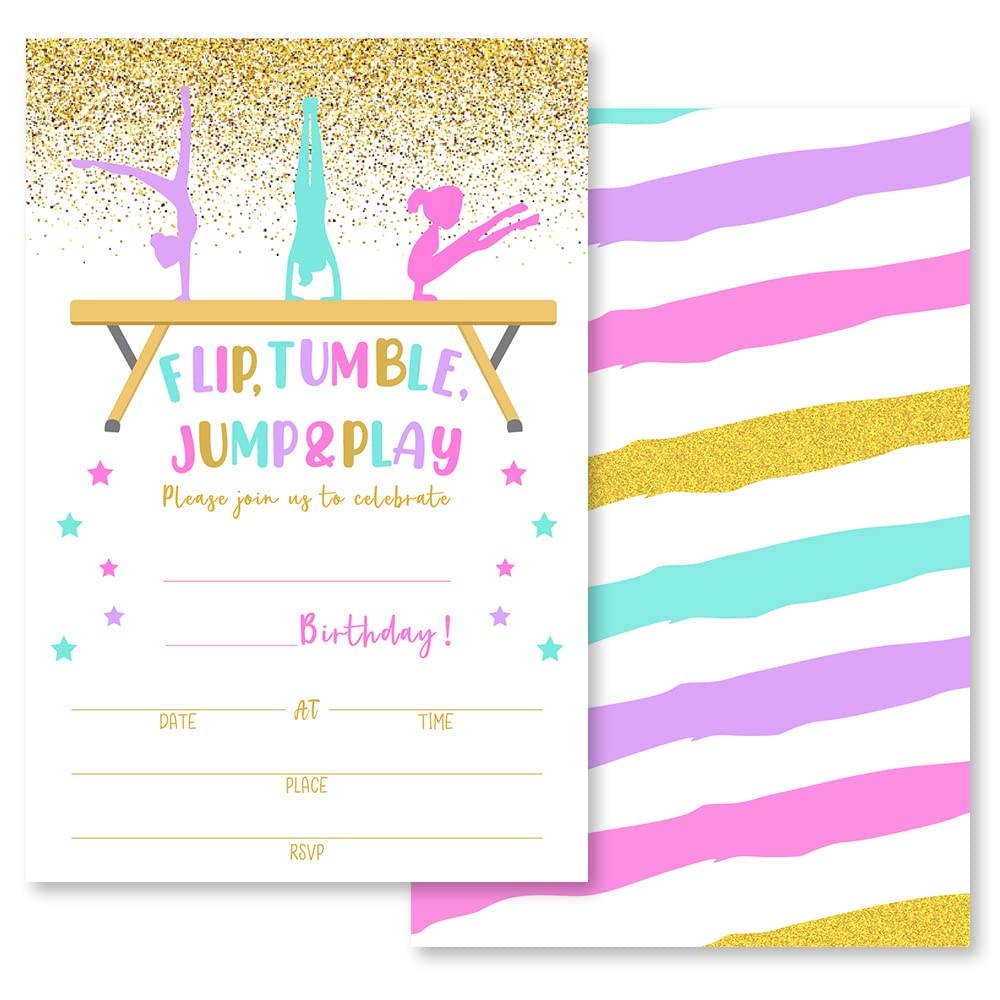 Grace Yonks Gymnastics Birthday Invitations, Pack of 20 with Envelopes, 4x6 inch, Matte Card Paper, Cute Design, Ideal for Personal and Professional Use