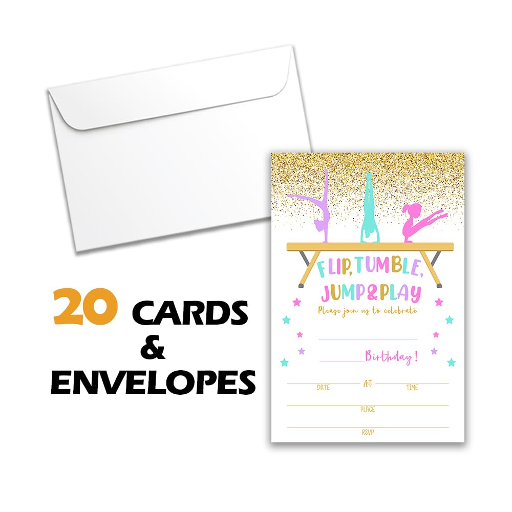 Grace Yonks Gymnastics Birthday Invitations, Pack of 20 with Envelopes, 4x6 inch, Matte Card Paper, Cute Design, Ideal for Personal and Professional Use