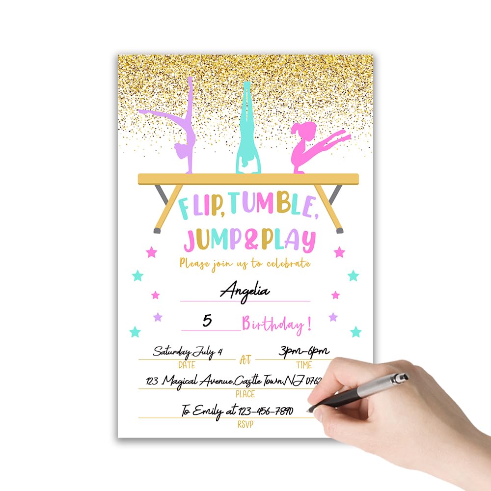 Grace Yonks Gymnastics Birthday Invitations, Pack of 20 with Envelopes, 4x6 inch, Matte Card Paper, Cute Design, Ideal for Personal and Professional Use