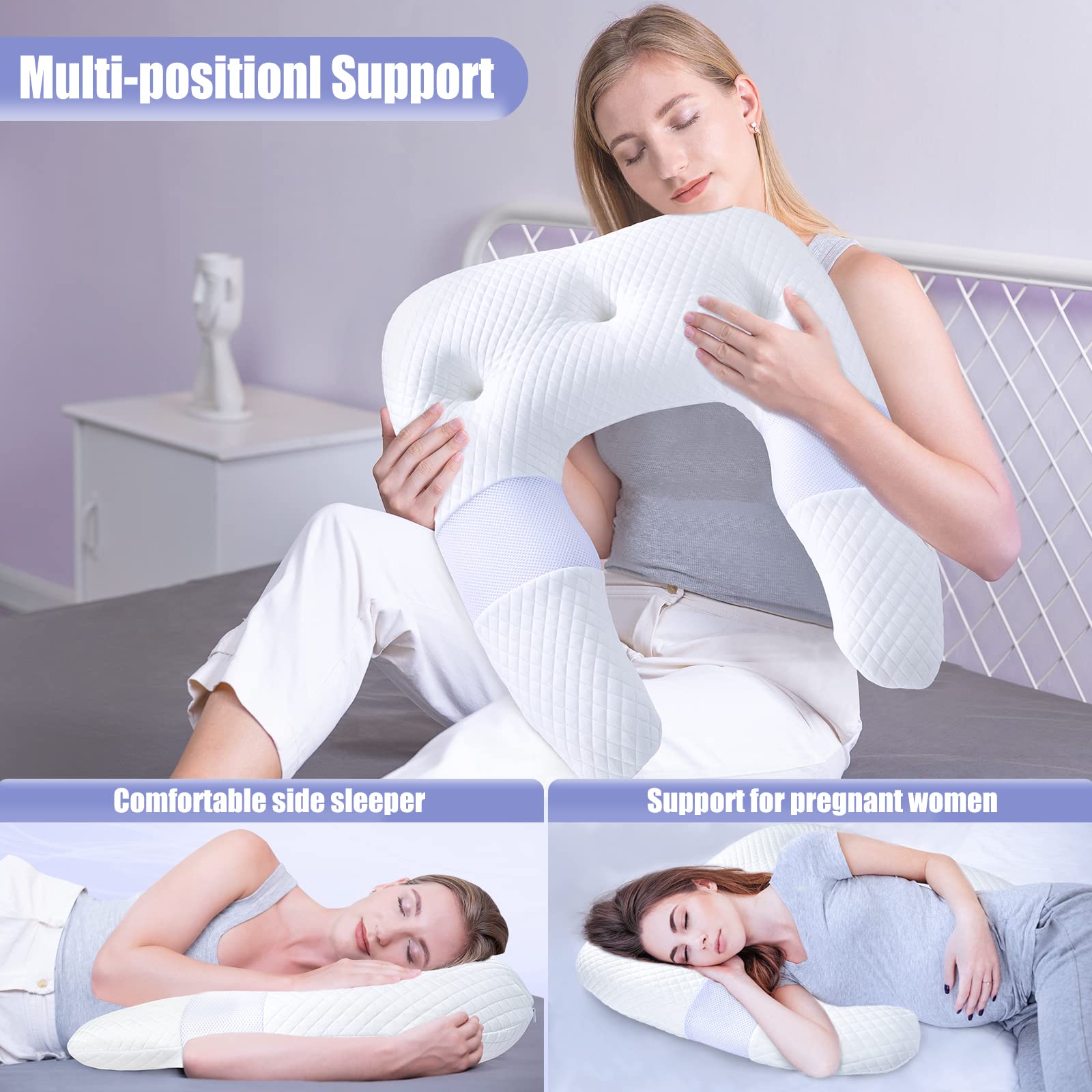 SAHEYER Pillow for Side Sleeper, Odorless Body Pillow for Adults Shoulder Pain Relief, U-Shaped Memory Foam Orthopedic Contour Support Pillows for Neck, Back, Arm with Removable Washable Cover, White