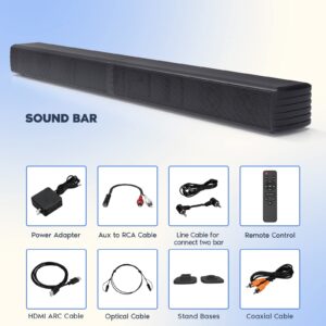 GEOYEAO Sound Bar, Bass Speakers for Smart TV with Dual Subwoofer 3D Surround Sound System, 32 Inch 2.2CH Home Theater Audio Soundbar, HDMI ARC Connection, 2 in 1 Detachable & Wall Mountable